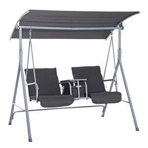 outsunny 2 person porch swing with stand, outdoor swing with canopy, pivot storage table, 2 cup holders, cushions for patio, backyard, gray