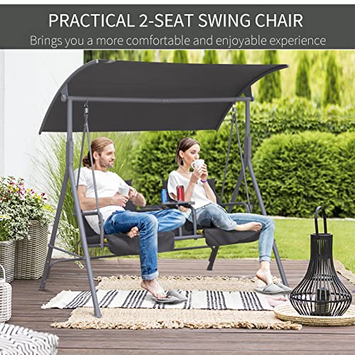 Outsunny 2 Person Porch Swing with Stand, Outdoor Swing with Canopy, Pivot Storage Table, 2 Cup Holders, Cushions for Patio, Backyard, Gray