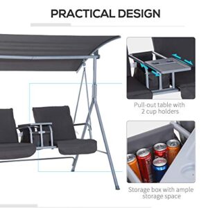 Outsunny 2 Person Porch Swing with Stand, Outdoor Swing with Canopy, Pivot Storage Table, 2 Cup Holders, Cushions for Patio, Backyard, Gray