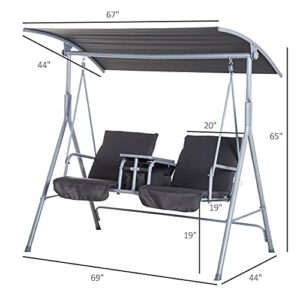 Outsunny 2 Person Porch Swing with Stand, Outdoor Swing with Canopy, Pivot Storage Table, 2 Cup Holders, Cushions for Patio, Backyard, Gray