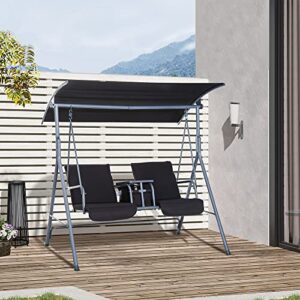 Outsunny 2 Person Porch Swing with Stand, Outdoor Swing with Canopy, Pivot Storage Table, 2 Cup Holders, Cushions for Patio, Backyard, Gray