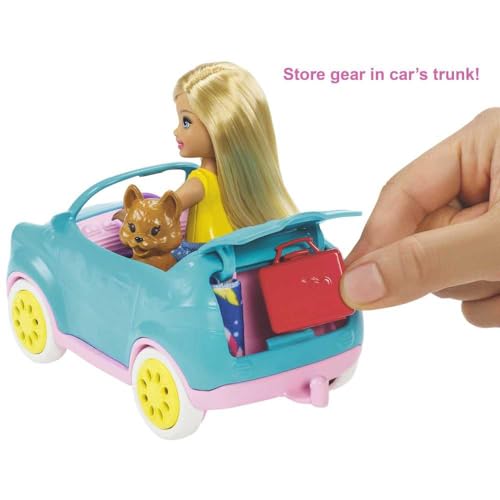 Barbie Club Chelsea Toy Car & Camper Playset, Blonde Chelsea Small Doll, Puppy & 10+ Accessories, Unhitch & Open for Campsite