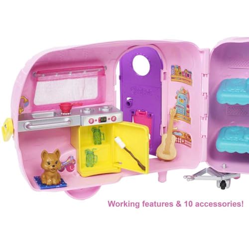 Barbie Club Chelsea Toy Car & Camper Playset, Blonde Chelsea Small Doll, Puppy & 10+ Accessories, Unhitch & Open for Campsite