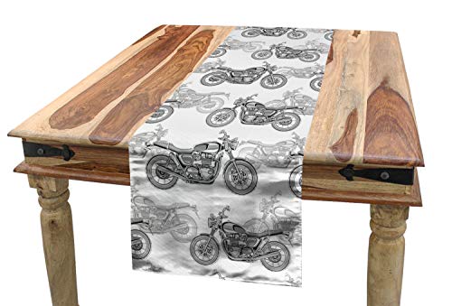 Ambesonne Motorcycle Table Runner, Realistic Grayscale Illustration of Classic Motorcycles Many Details, Dining Room Kitchen Rectangular Runner, 16" X 90", White Black