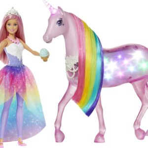 Barbie Dreamtopia Magical Lights Unicorn with Rainbow Mane, Lights and Sounds, Princess Doll with Pink Hair and Food Accessory, Gift for 3 to 7 Year Olds, Multi, Única