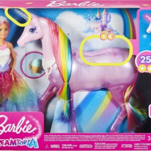 Barbie Dreamtopia Magical Lights Unicorn with Rainbow Mane, Lights and Sounds, Princess Doll with Pink Hair and Food Accessory, Gift for 3 to 7 Year Olds, Multi, Única