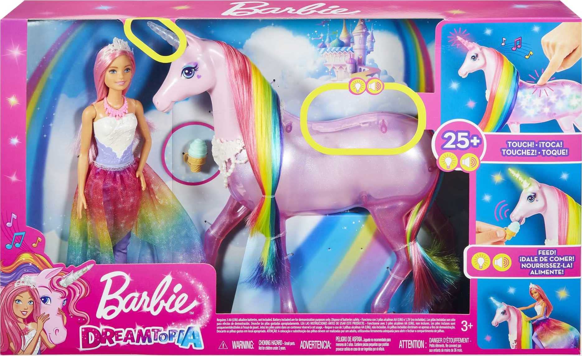 Barbie Dreamtopia Magical Lights Unicorn with Rainbow Mane, Lights and Sounds, Princess Doll with Pink Hair and Food Accessory, Gift for 3 to 7 Year Olds, Multi, Única