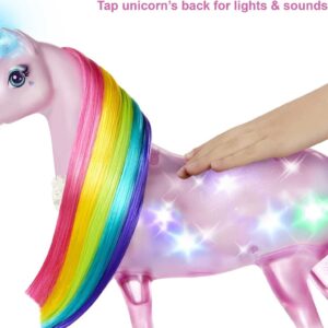 Barbie Dreamtopia Magical Lights Unicorn with Rainbow Mane, Lights and Sounds, Princess Doll with Pink Hair and Food Accessory, Gift for 3 to 7 Year Olds, Multi, Única