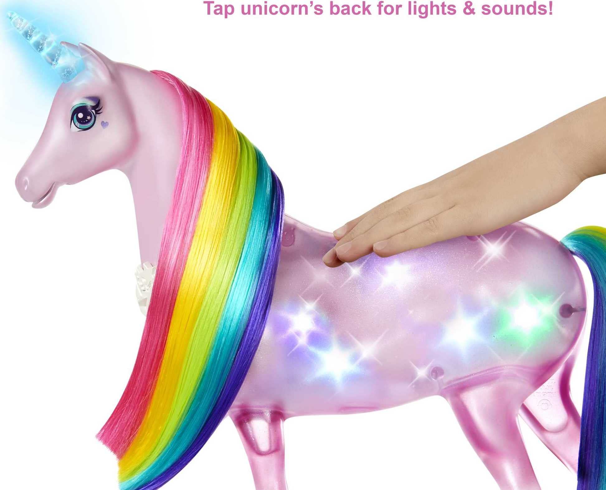 Barbie Dreamtopia Magical Lights Unicorn with Rainbow Mane, Lights and Sounds, Princess Doll with Pink Hair and Food Accessory, Gift for 3 to 7 Year Olds, Multi, Única