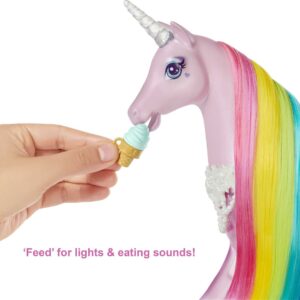 Barbie Dreamtopia Magical Lights Unicorn with Rainbow Mane, Lights and Sounds, Princess Doll with Pink Hair and Food Accessory, Gift for 3 to 7 Year Olds, Multi, Única