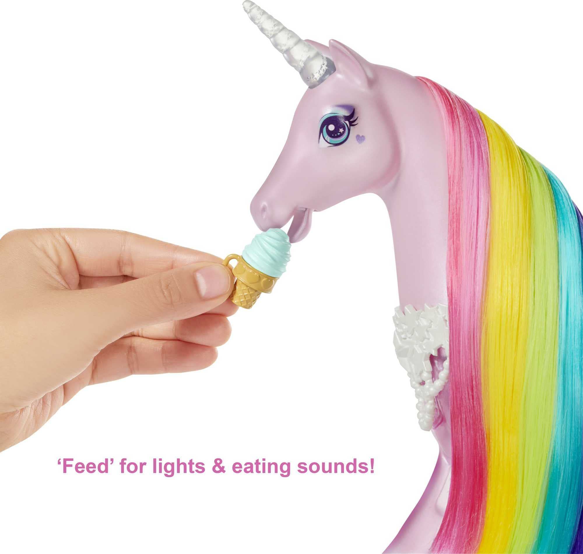 Barbie Dreamtopia Magical Lights Unicorn with Rainbow Mane, Lights and Sounds, Princess Doll with Pink Hair and Food Accessory, Gift for 3 to 7 Year Olds, Multi, Única