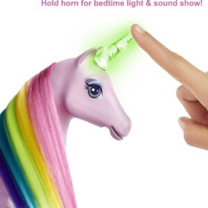 Barbie Dreamtopia Magical Lights Unicorn with Rainbow Mane, Lights and Sounds, Princess Doll with Pink Hair and Food Accessory, Gift for 3 to 7 Year Olds, Multi, Única