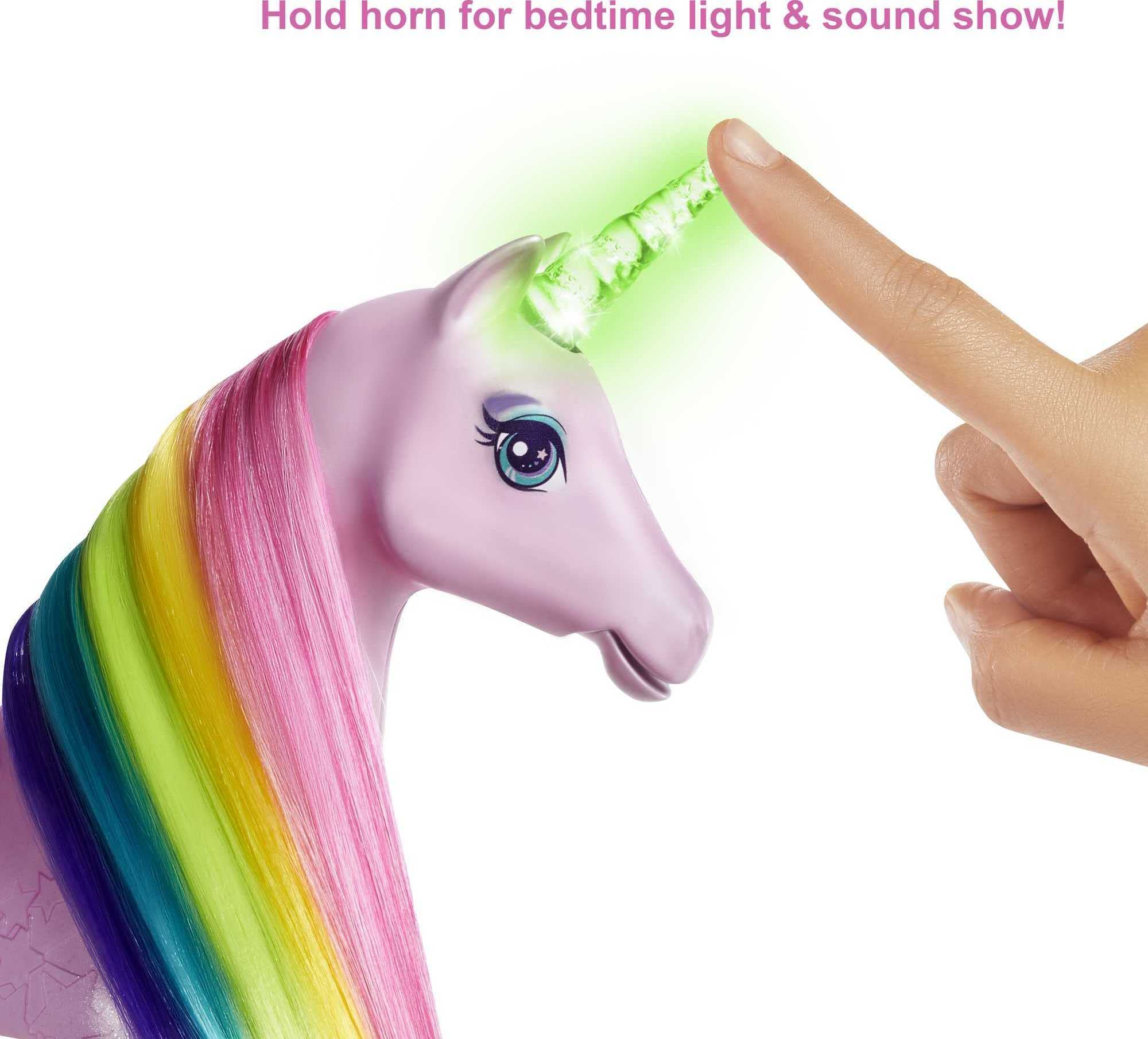 Barbie Dreamtopia Magical Lights Unicorn with Rainbow Mane, Lights and Sounds, Princess Doll with Pink Hair and Food Accessory, Gift for 3 to 7 Year Olds, Multi, Única