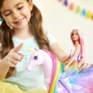 Barbie Dreamtopia Magical Lights Unicorn with Rainbow Mane, Lights and Sounds, Princess Doll with Pink Hair and Food Accessory, Gift for 3 to 7 Year Olds, Multi, Única