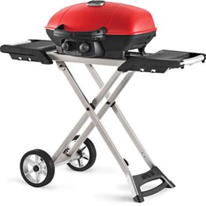 Napoleon TravelQ 285 Portable Gas BBQ Grill, Propane, Red Lid - TQ285X-RD-1-A Includes Folding Cart, Two Burners, Cast Iron Cooking Grids, Comes With Drop-in Griddle, Ideal for Camping & Tailgating