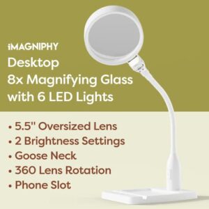 iMagniphy 8X Desk Magnifier with Light- Desktop Magnifying Glass with Light and Stand- Great to Repair Tech Gadgets & Hands-Free Reading, Crafts- Magnifying Desk Lamp with 6 LED Lights & Sturdy Base