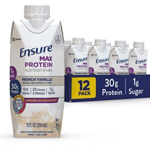 ensure max protein nutrition shake with 30g of protein, 1g of sugar, high protein shake, french vanilla, 11 fl oz (pack of 12)