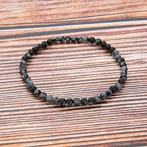 BALIBALI 4MM Mini Gemstone Energy Bracelets Tiny Bracelet Natural Stone Statement Bracelet Charm Beaded Couples Bracelets (Snowflake Obsidian)