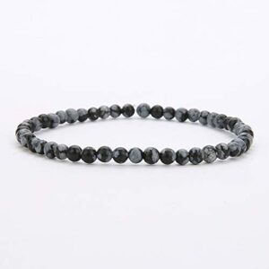 BALIBALI 4MM Mini Gemstone Energy Bracelets Tiny Bracelet Natural Stone Statement Bracelet Charm Beaded Couples Bracelets (Snowflake Obsidian)