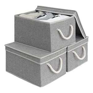 StorageWorks Storage Bins with Lid and Soft Rope Handles, Foldable Storage Basket, Gray, 3-Pack, Large,15.25x10.75x8.25 inches (LxWxH)