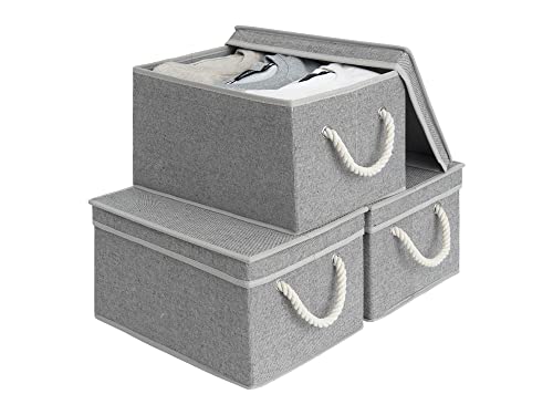 StorageWorks Storage Bins with Lid and Soft Rope Handles, Foldable Storage Basket, Gray, 3-Pack, Large,15.25x10.75x8.25 inches (LxWxH)