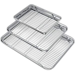 wildone baking sheet with rack set (3 pans + 3 racks), stainless steel baking pan cookie sheet with cooling rack, non toxic & heavy duty & easy clean