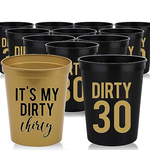 Dirty Thirty, 30th Birthday Party Cups and 1 Gold "It's My Dirty 30" cups, Set of 12, 16oz Black and Gold 30th Birthday Stadium Cups, Perfect for Birthday Parties,Birthday Decorations!