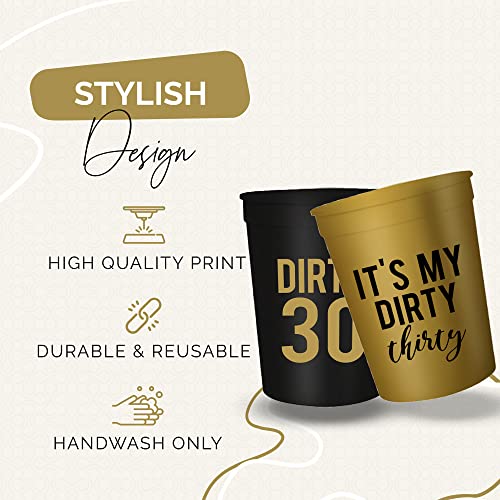 Dirty Thirty, 30th Birthday Party Cups and 1 Gold "It's My Dirty 30" cups, Set of 12, 16oz Black and Gold 30th Birthday Stadium Cups, Perfect for Birthday Parties,Birthday Decorations!