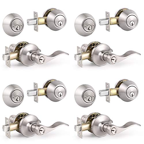 Knobonly 4 Pack Front Door Entry Lever Lockset and Double Cylinder Deadbolt Combination Set, Satin Nickel- All Keyed Alike(Same Keys)