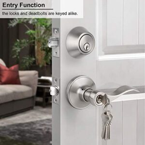 Knobonly 4 Pack Front Door Entry Lever Lockset and Double Cylinder Deadbolt Combination Set, Satin Nickel- All Keyed Alike(Same Keys)