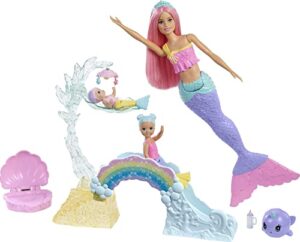 barbie dreamtopia mermaid nursery playset with barbie mermaid doll, toddler and baby mermaid dolls, slide and accessories, gift for 3 to 7 year olds