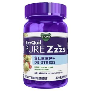 zzzquil pure zzzs de-stress melatonin sleep aid gummies, helps calm your mind and body, ashwagandha for stress support, sleep aids for adults, 1 mg per gummy, 42 count