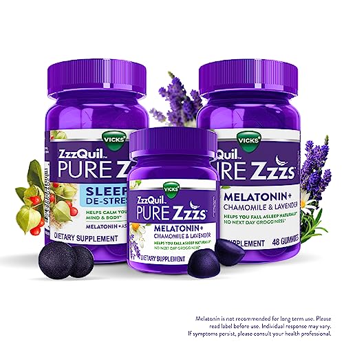 ZzzQuil PURE Zzzs De-Stress Melatonin Sleep Aid Gummies, Helps Calm Your Mind and Body, Ashwagandha for Stress Support, Sleep Aids for Adults, 1 mg per gummy, 42 Count