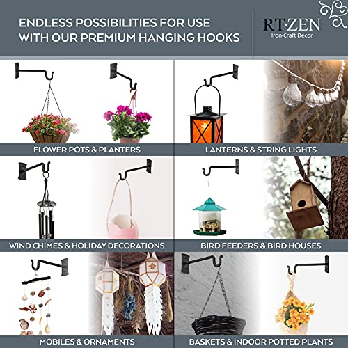 RTZEN Plant Hanger Shepards Hook 7.5" - Hand Forged Heavy Duty Wrought Iron Wall Decor - Indoor or Outdoor Shepherds Hook Hanging Bracket for Bird Feeders Lanterns Baskets and Wind Chimes - 2 Pack