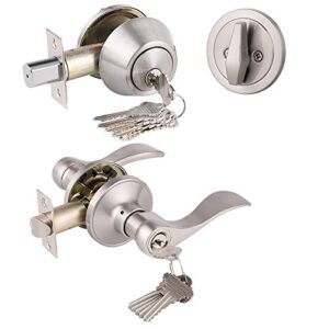 keyed alike front door exterior door lever lockset with single cylinder deadbolt combination set, door knob with lock and deadbolt, satin nickel finished, 1pack