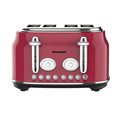 Homeart Chelsea 4-Slice Retro Toaster - Stainless Steel With Removable Crumb Tray, Adjustable Browning Control With Multiple Settings to Cancel, Defrost, Reheat and Bagel - 1500W, Red