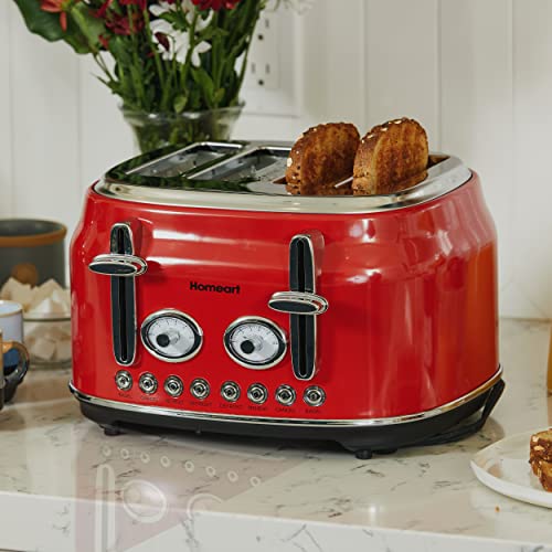 Homeart Chelsea 4-Slice Retro Toaster - Stainless Steel With Removable Crumb Tray, Adjustable Browning Control With Multiple Settings to Cancel, Defrost, Reheat and Bagel - 1500W, Red