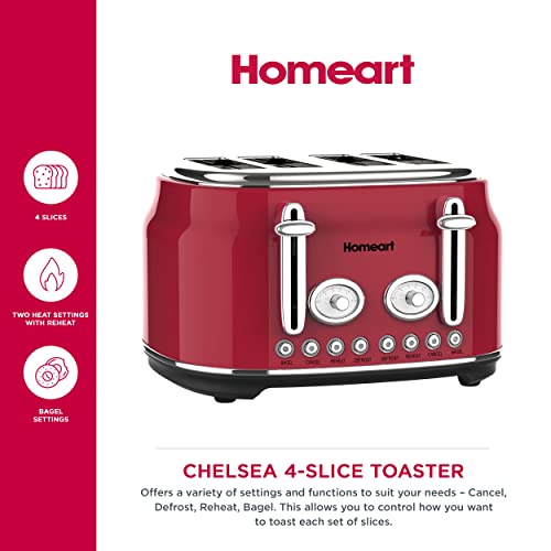 Homeart Chelsea 4-Slice Retro Toaster - Stainless Steel With Removable Crumb Tray, Adjustable Browning Control With Multiple Settings to Cancel, Defrost, Reheat and Bagel - 1500W, Red