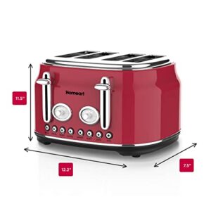 Homeart Chelsea 4-Slice Retro Toaster - Stainless Steel With Removable Crumb Tray, Adjustable Browning Control With Multiple Settings to Cancel, Defrost, Reheat and Bagel - 1500W, Red