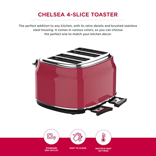 Homeart Chelsea 4-Slice Retro Toaster - Stainless Steel With Removable Crumb Tray, Adjustable Browning Control With Multiple Settings to Cancel, Defrost, Reheat and Bagel - 1500W, Red