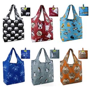 beegreen reusable grocery bags foldable 6 pack shopping bags large 50lbs cute groceries bags w pouch bulk ripstop watertight machine washable nylon compact elephant hedgehog cat turtle dog penguin