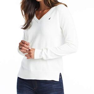 Nautica Women's Effortless J-Class Long Sleeve 100% Cotton V-Neck Sweater, Marshmallow, XX-Large