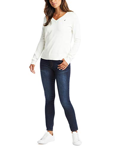 Nautica Women's Effortless J-Class Long Sleeve 100% Cotton V-Neck Sweater, Marshmallow, XX-Large