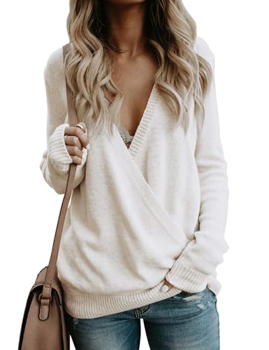 softome Womens Knitted Deep V-Neck Long Sleeve Wrap Front Loose Sweater Pullover Jumper Tops A-Beige