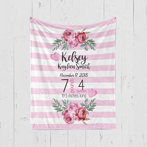 Baby Girl's Blanket - Birth Stats - Pink - Flowers Hearts - Minky 30" x 40"