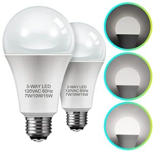 3 way light bulbs, lohas 3 way led light bulbs 50 100 150w equivalent, daylight white 5000k, three way a19 light bulbs, e26 base led bulbs for desk lamps, floor lamps, table lamps, 2 pack