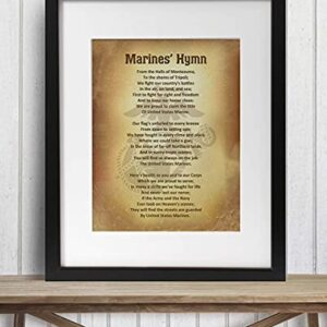 Marine Corps Hymn - Song Lyrics Wall Art Poster, This Ready to Frame Distressed Parchment Replica Logo Wall Art Decor Print is Good For Music Room, Office, and StudioRoom Decor, Unframed - 8X10”