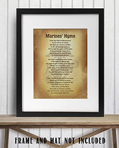 Marine Corps Hymn - Song Lyrics Wall Art Poster, This Ready to Frame Distressed Parchment Replica Logo Wall Art Decor Print is Good For Music Room, Office, and StudioRoom Decor, Unframed - 8X10”