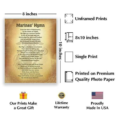 Marine Corps Hymn - Song Lyrics Wall Art Poster, This Ready to Frame Distressed Parchment Replica Logo Wall Art Decor Print is Good For Music Room, Office, and StudioRoom Decor, Unframed - 8X10”