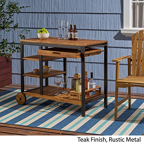 Christopher Knight Home Ishtar Outdoor Bar Cart, Teak Finish, Rustic Metal